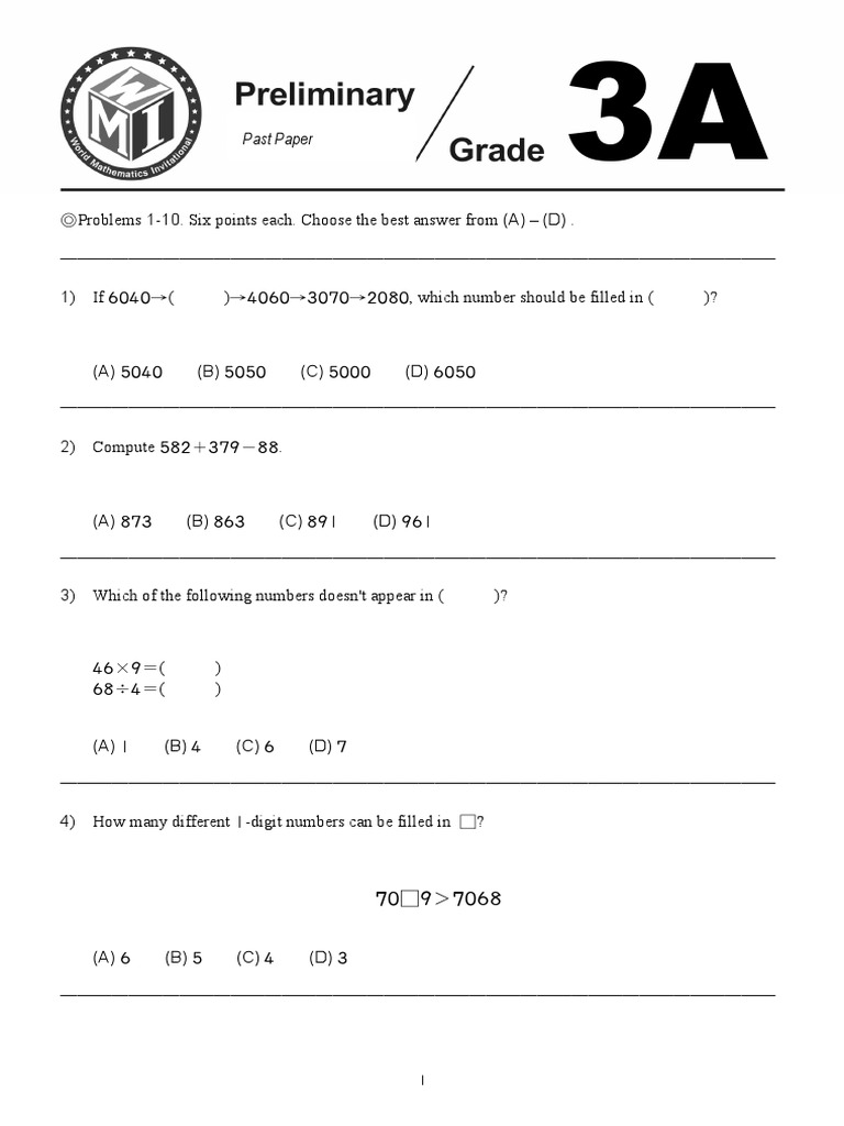 WMI Grade 3 Questions Part 1 | PDF | Mathematics