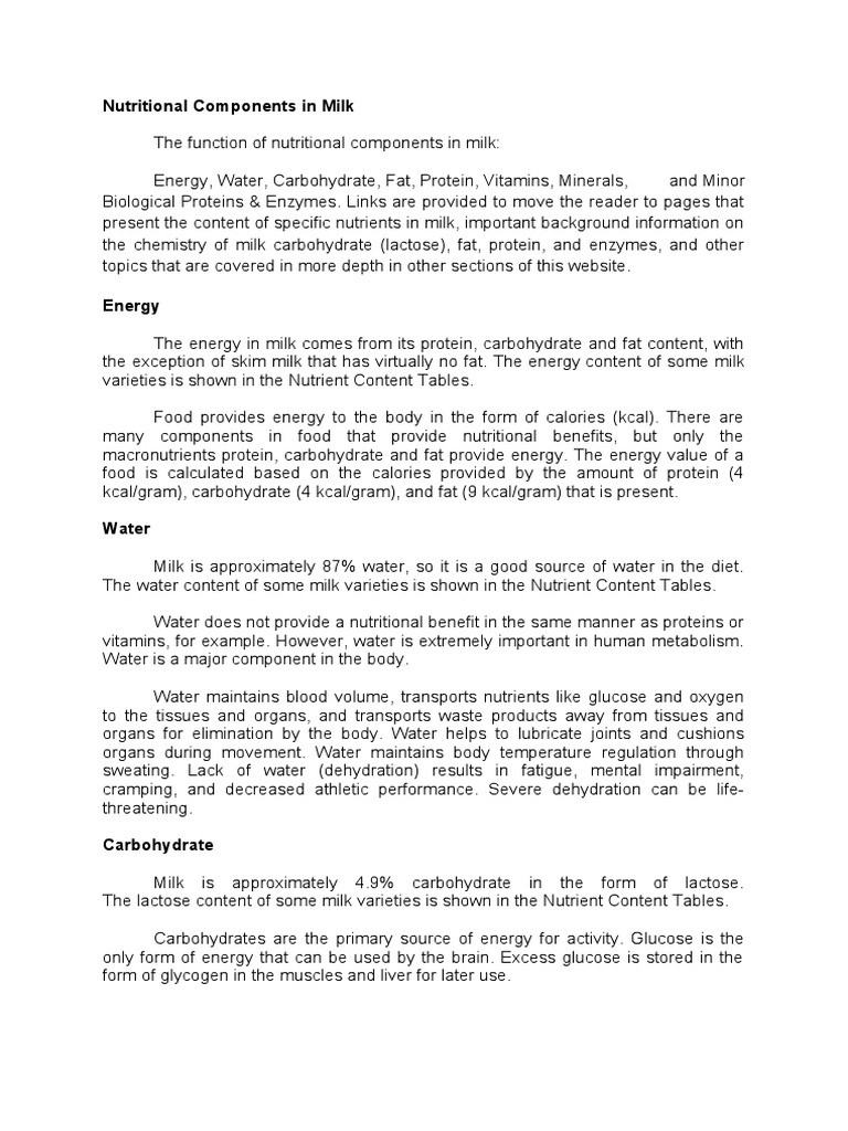 Nutritional Components in Milk | PDF | Food Energy | Fat