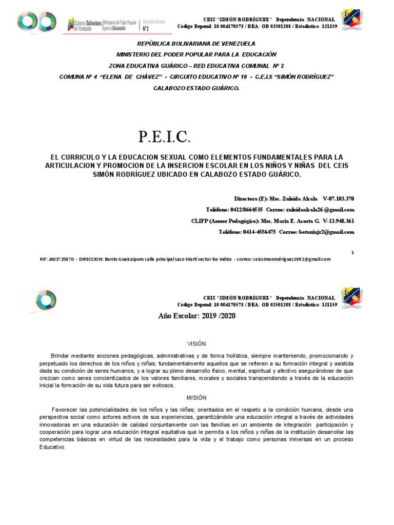 Peic 2019-2020 Ceis Simon Rodriguez (Autoguardado) | PDF | Plan de ...