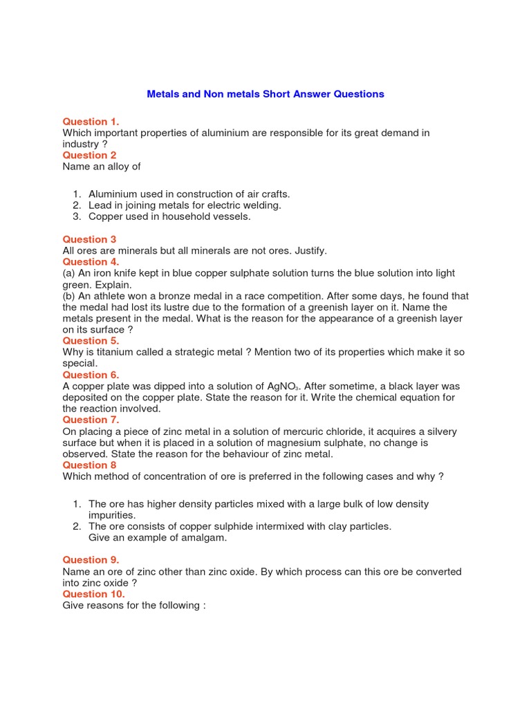 Metals and Non Metals Questions | PDF