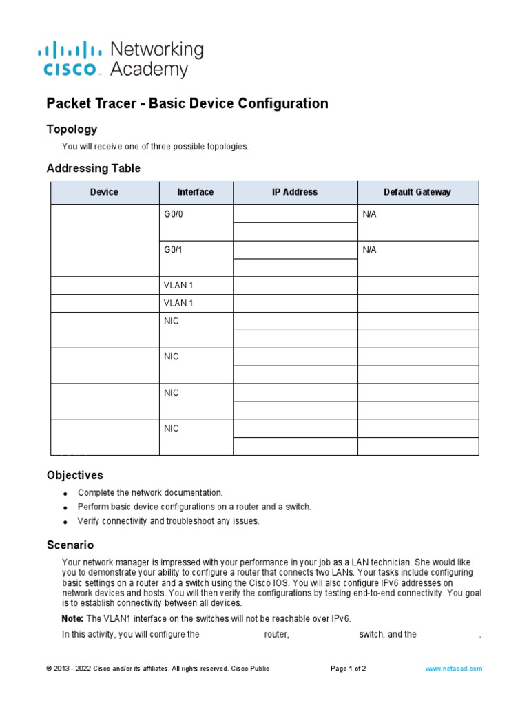 10.4.3 Packet Tracer - Basic Device Configuration | PDF | Router (Computing) | I Pv6