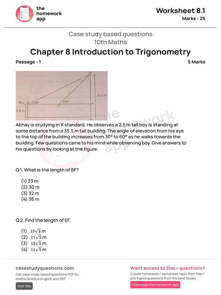 Trigonometry Case Study Questions for Class 10 | PDF | Worksheet