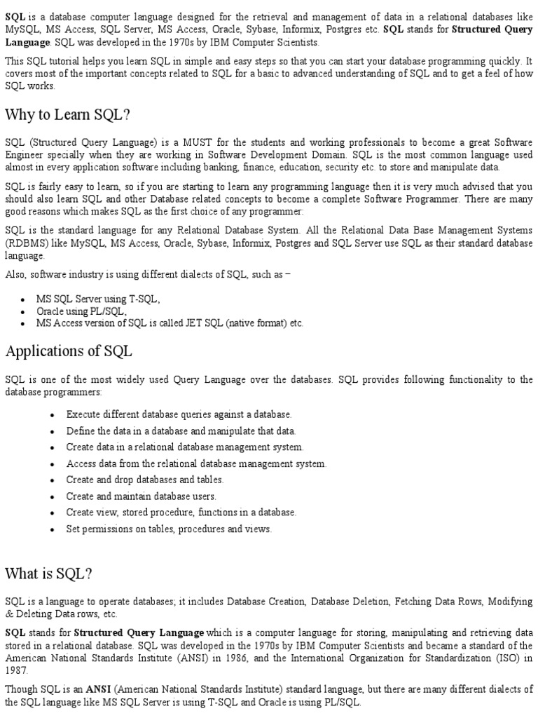 Sql Tutorial Pdf Relational Database Sql 7357