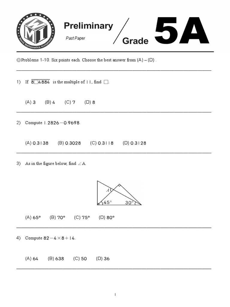 WMI Grade 5 Questions Part 1 | PDF | Mathematics | Elementary Mathematics