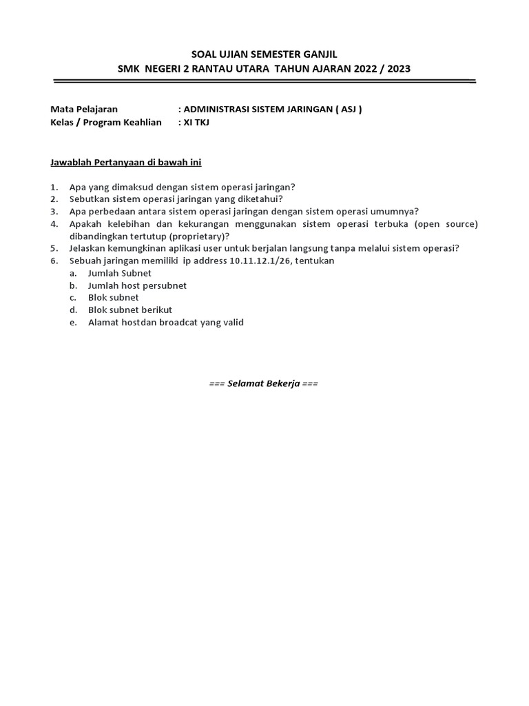 Soal Asj Kelas Xi TKJ | PDF