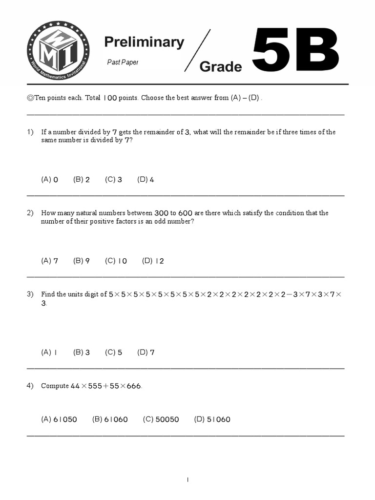 WMI Grade 5 Questions Part 2 | Download Free PDF | Mathematics ...