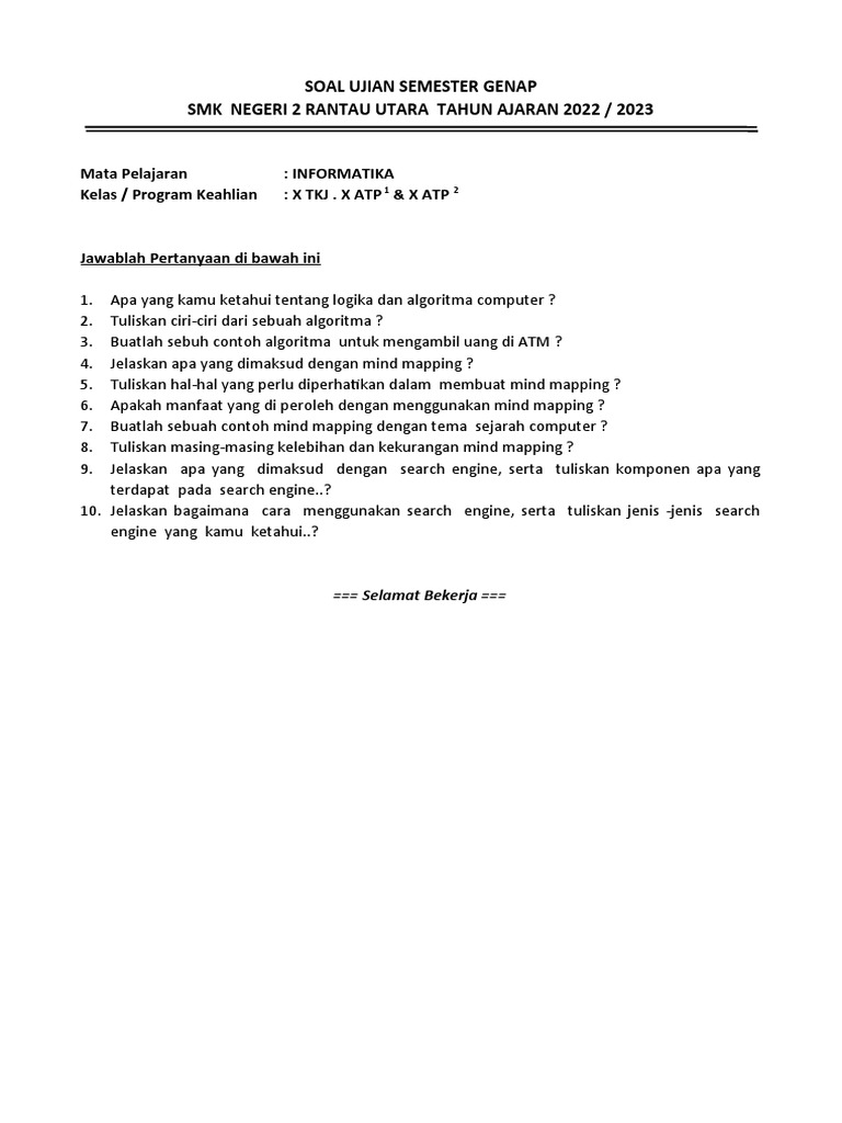 Soal Informatika Kelas XTKJ, XATP 1&2 | PDF | Teknologi & Rekayasa
