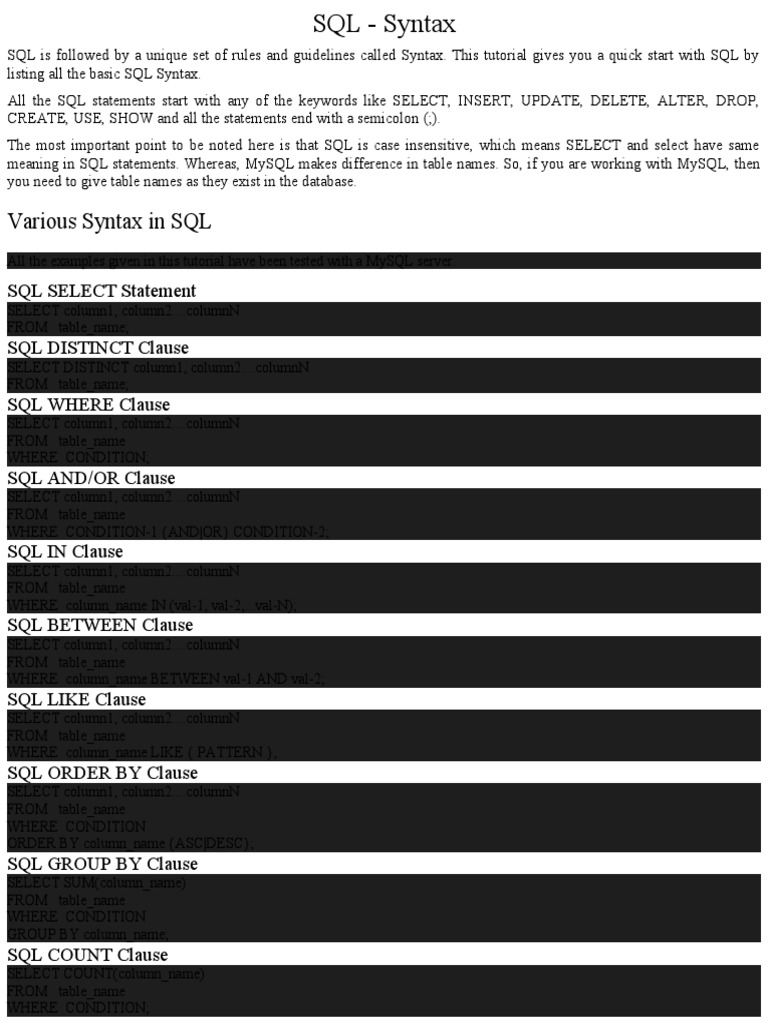 Sql Syntax Pdf Sql Database Index
