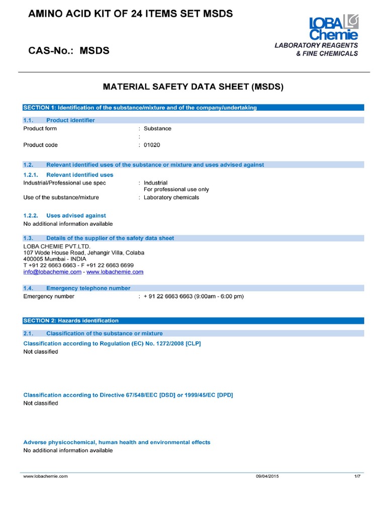 MSDS AMINO ACID KIT OF 24 ITEMS SET CASNO 01020 EN - Aspx | PDF