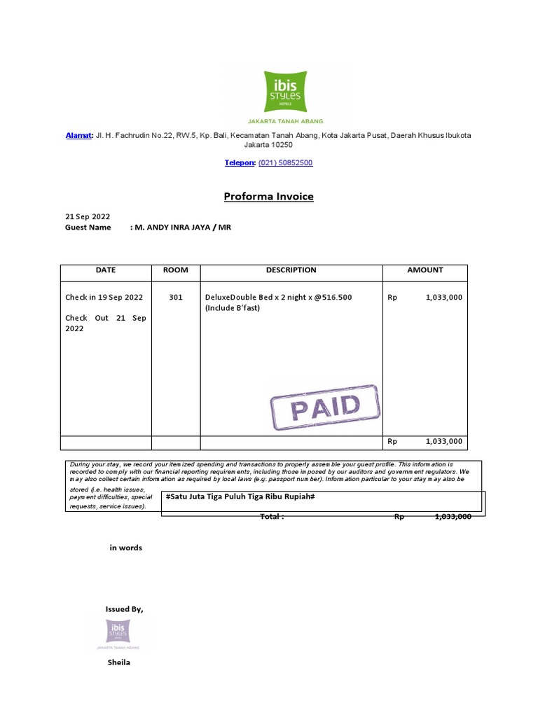 Ibis Styles Jakarta Proforma Invoice | PDF | Accounting