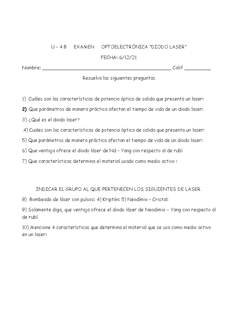 U - 4 B Examen Diodo Laser Optoelectronica Nov. 2021 | PDF