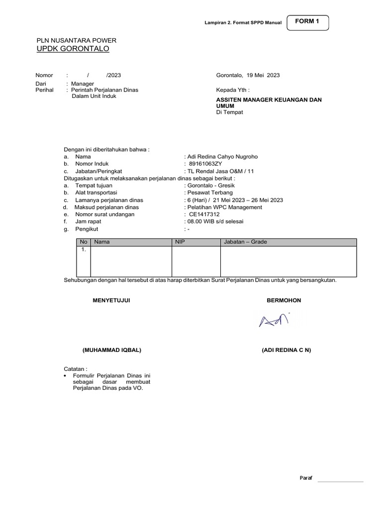 Form 1 (Pengajuan SPPD Unit Pelaksana) - WPC - Adi Redina | PDF