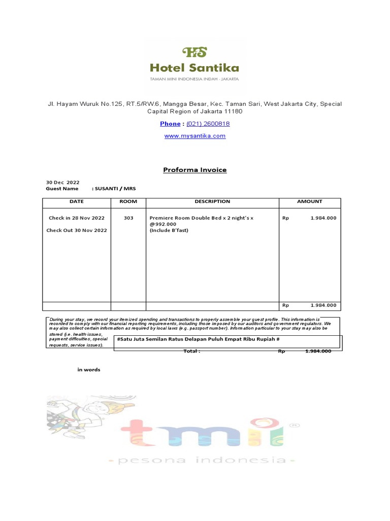 Proforma Invoice Santika TMII | PDF | Financial Services | Governance