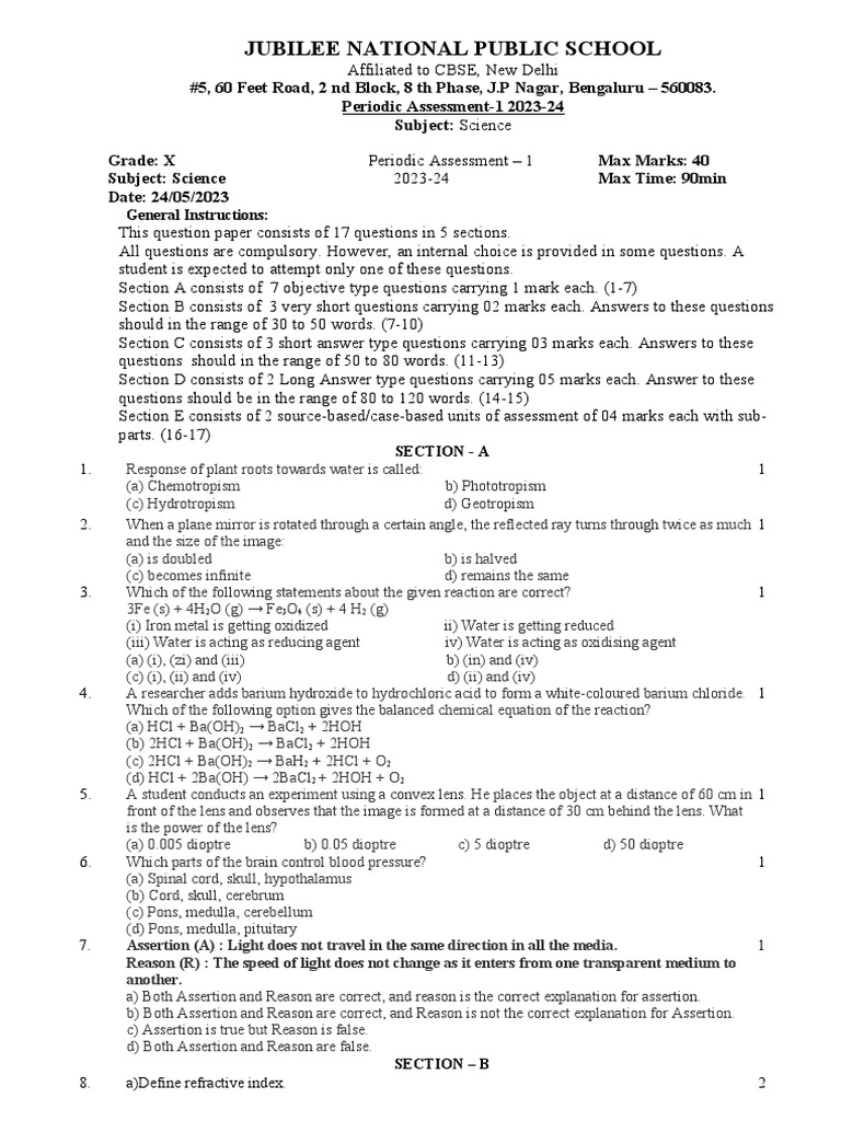 10th QP PT 1 | PDF | Chemistry | Optics
