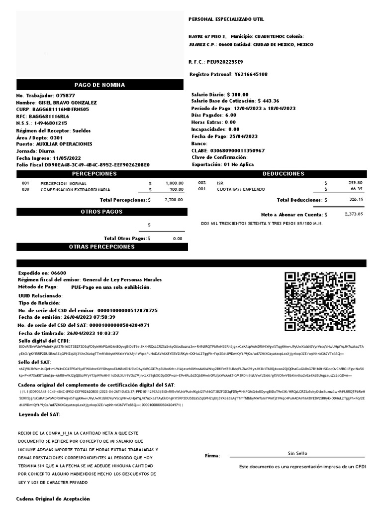 Nómina Gisel Bravo 12-18 Abril 2023 | PDF | Relaciones laborales | Gastos