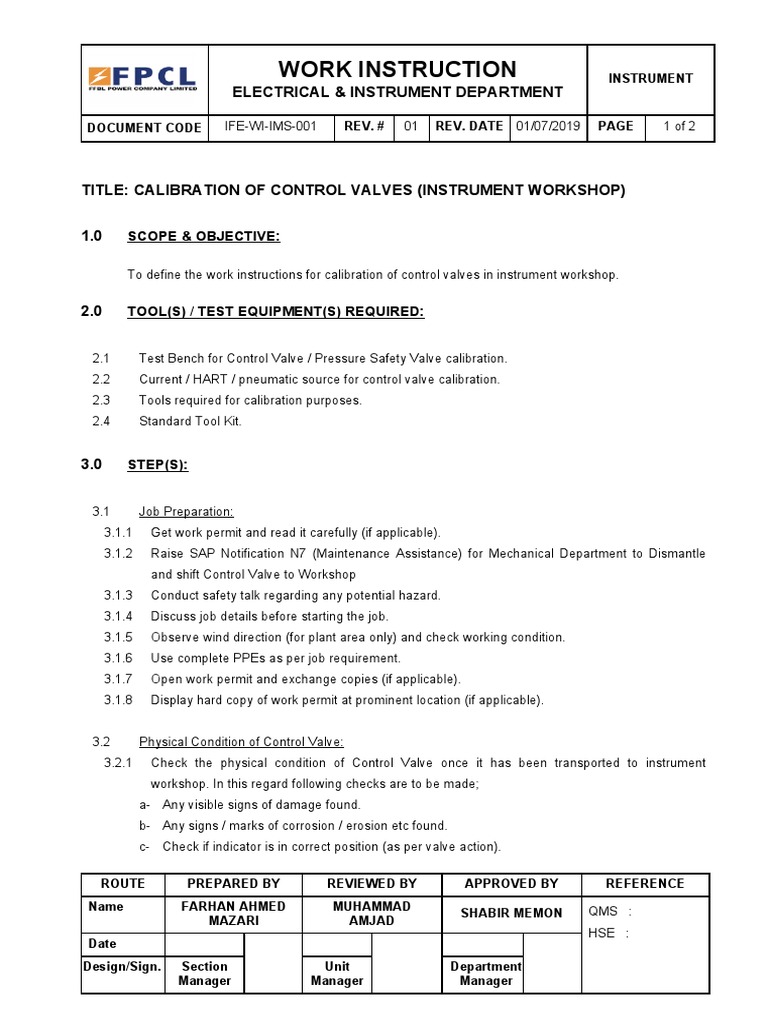 01-Calibration of Control Valves (Instrument Workshop) | PDF | Valve | Calibration