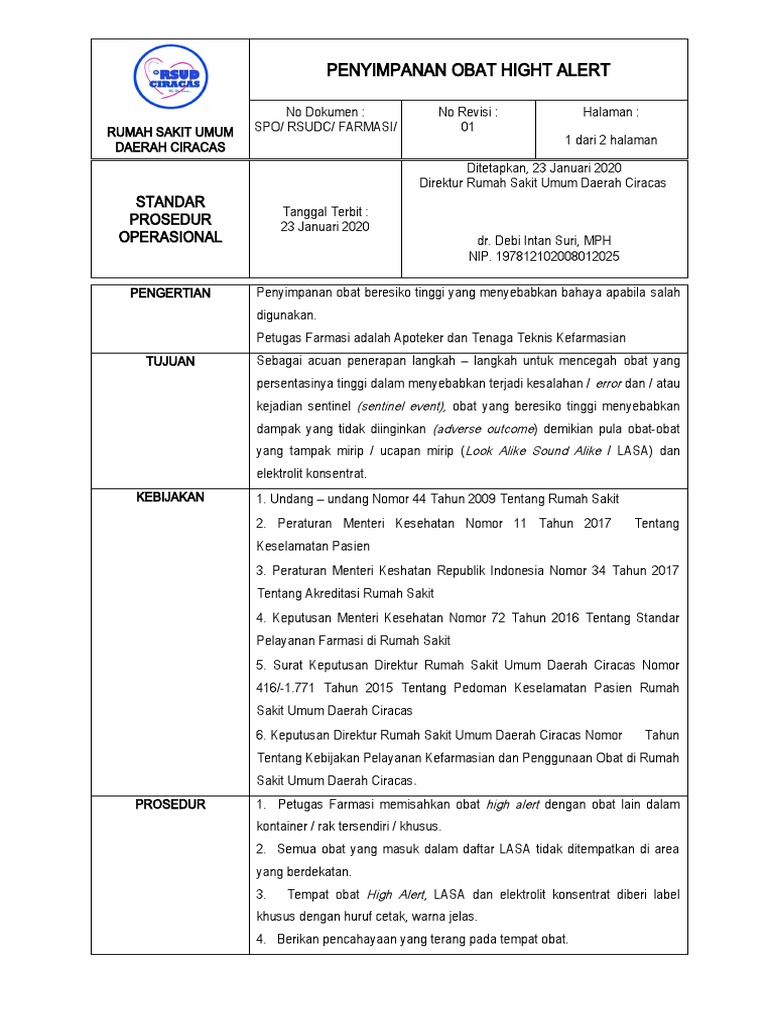 Spo Penyimpanan Obat High Alert 1 Pdf