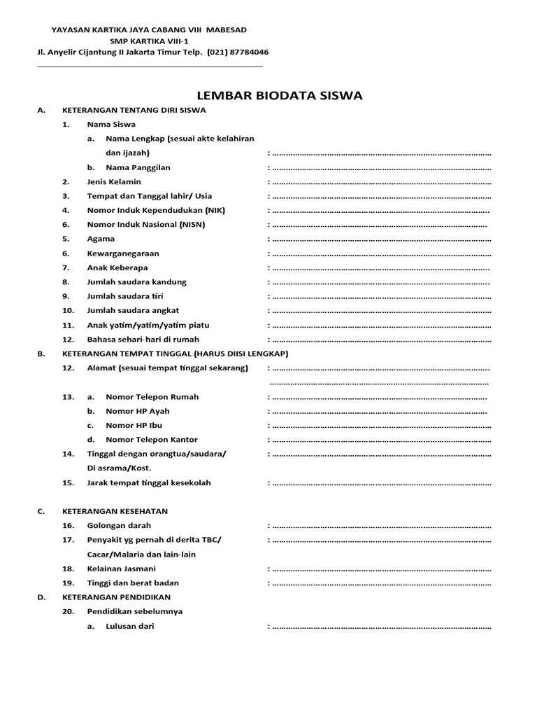 Form Biodata Siswa | PDF