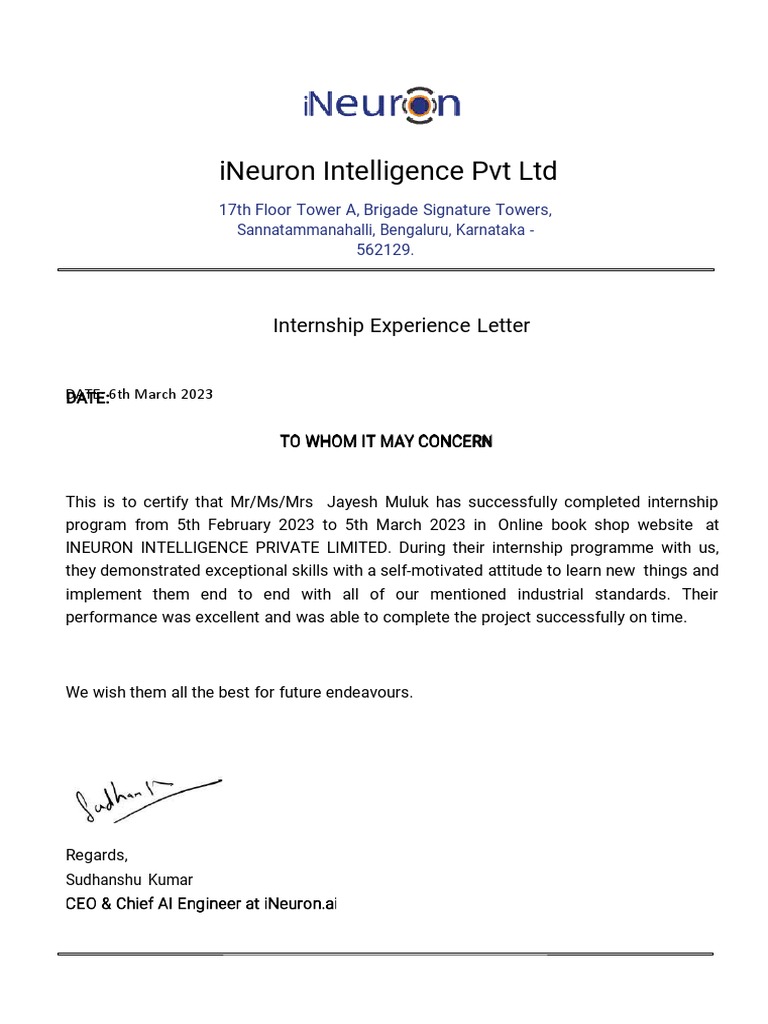 Jayesh Internship Completion Certificate From Ineuron Pdf 