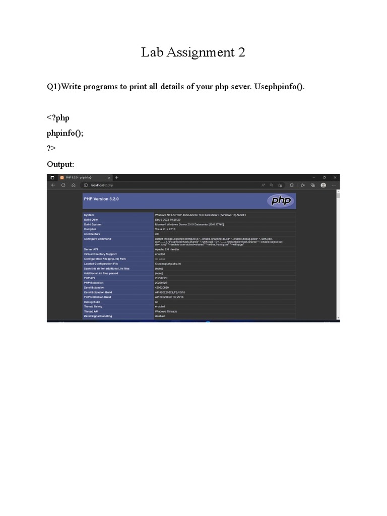 Lab Assignment 2: Q1) Write Programs To Print All Details of Your PHP Sever. Usephpinfo - Output ...