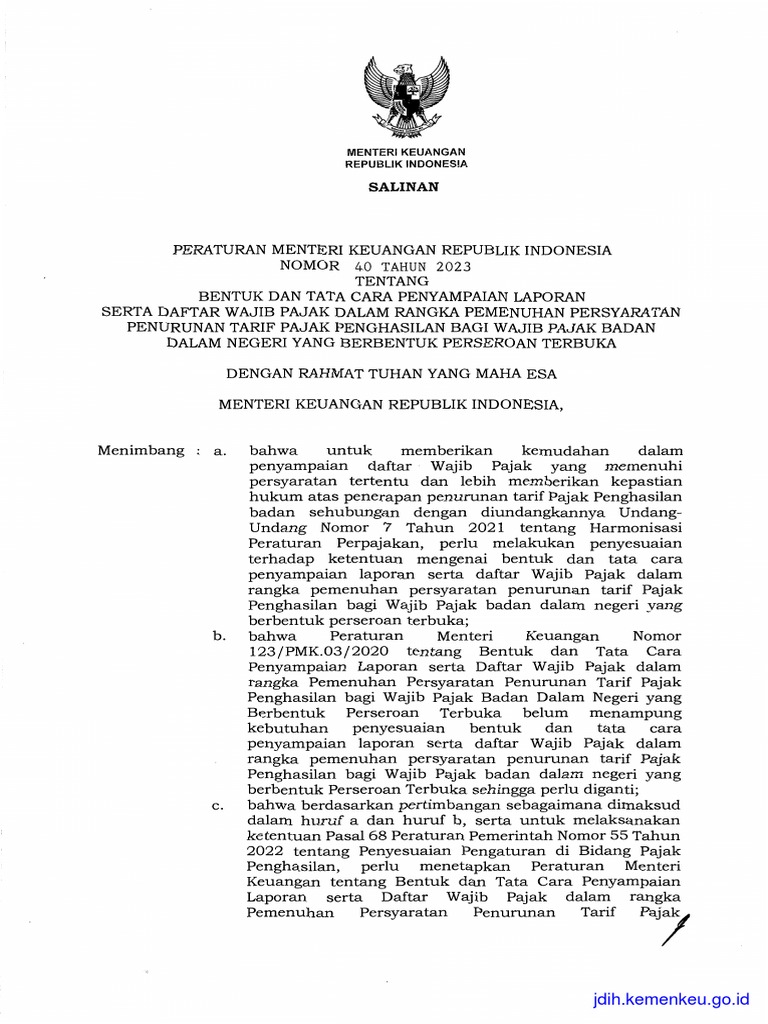 PMK 40 Tahun 2023 Bentuk & Tata Cara Penyampaian L 230419 094937 | PDF ...