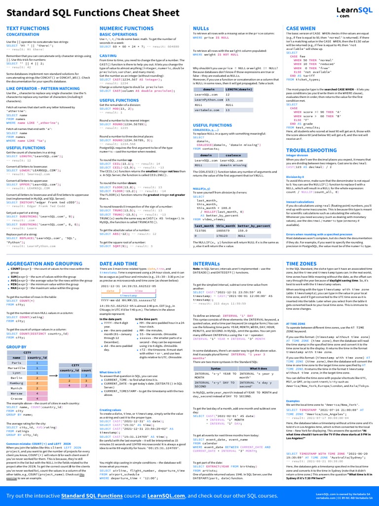 Standard SQL Functions Cheat Sheet A3 | PDF | Computer Programming ...