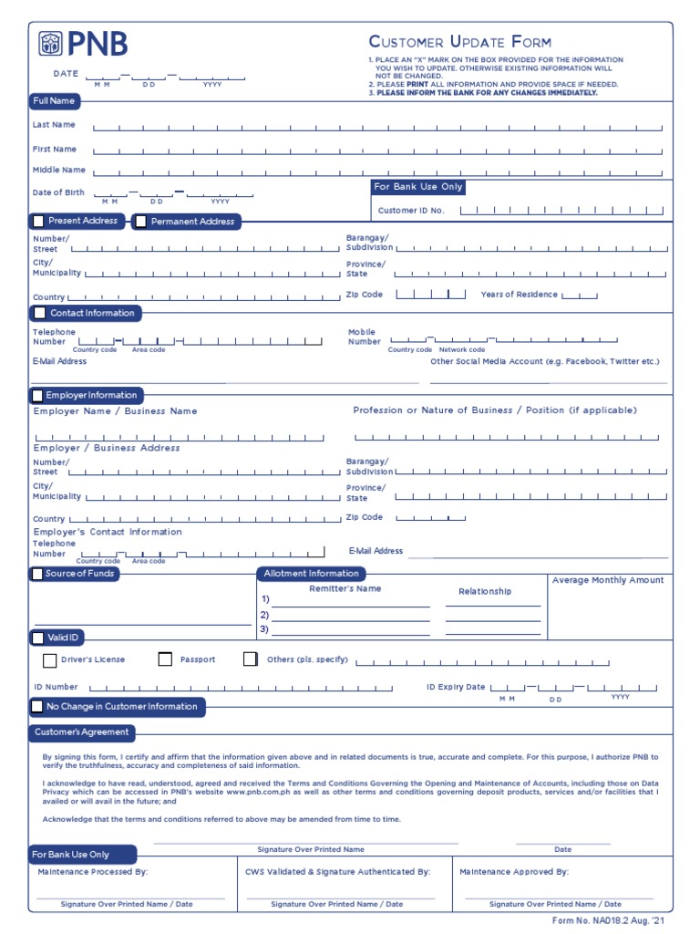 PNB Customer Update Form | PDF | Information | Banks