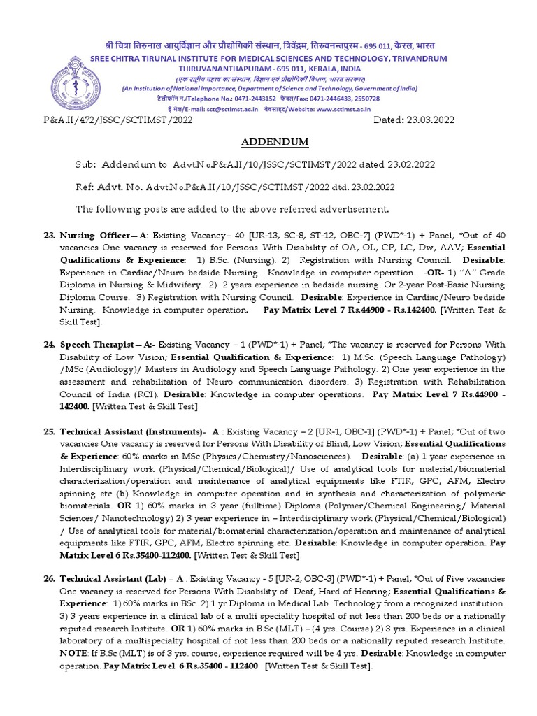 ADDENDUM - Addendum To Advt - No.P&A.II-10-JSSC-SCTIMST-2022, Dated 23. ... ADDENDUM - Addendum To Advt - No.P&A.II-10-JSSC-SCTIMST-2022, Dated 23. ...