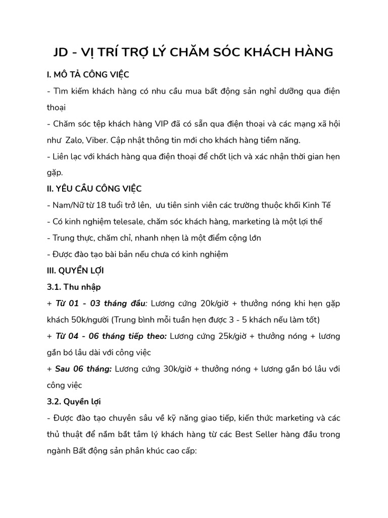 JD - VỊ TRÍ TELESALE PARTTIME - ĐỊA ỐC MGV | PDF