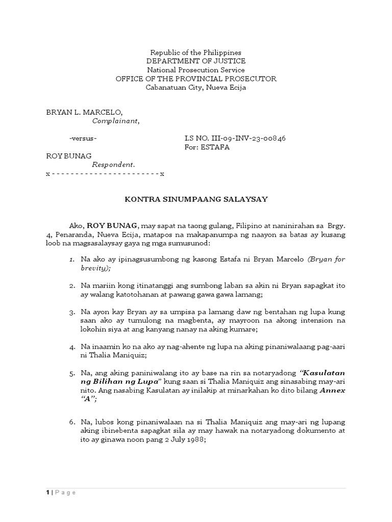 COUNTER-AFFIDAVIT - Oday Tagalog | PDF