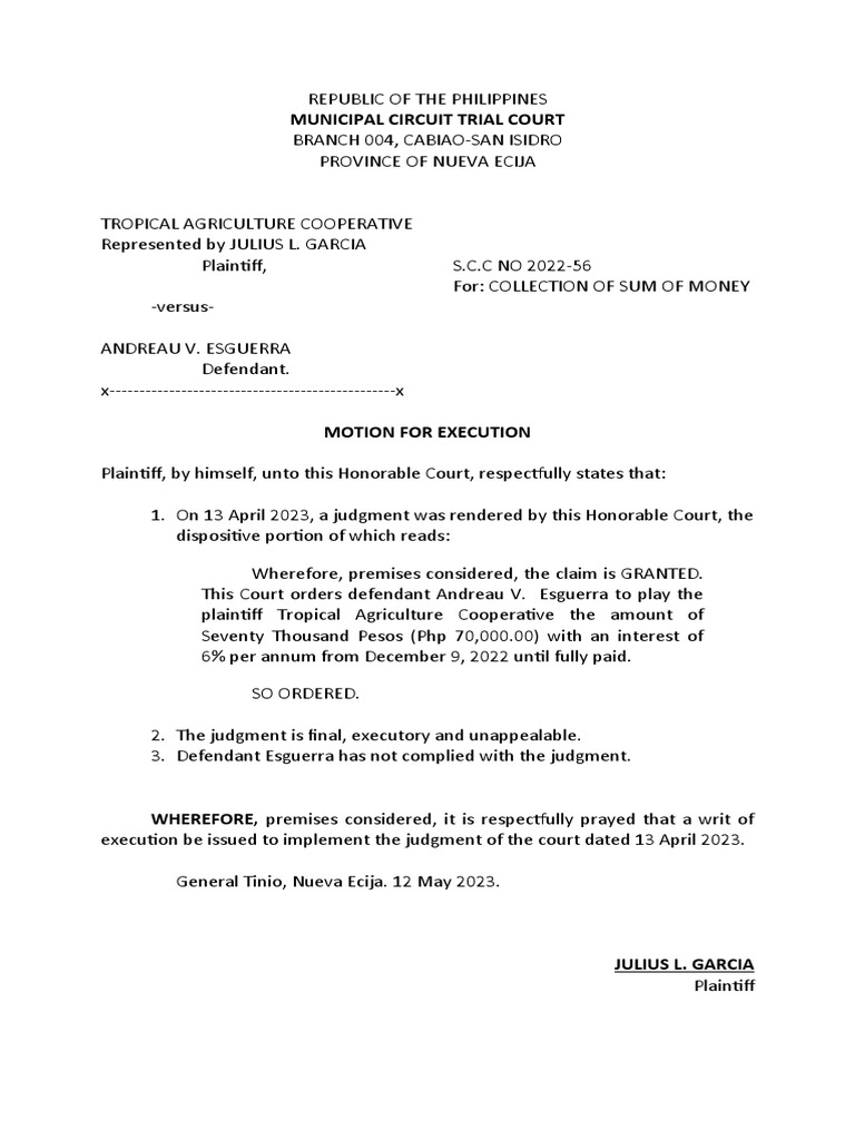 Motion For Execution - Small Claims | PDF