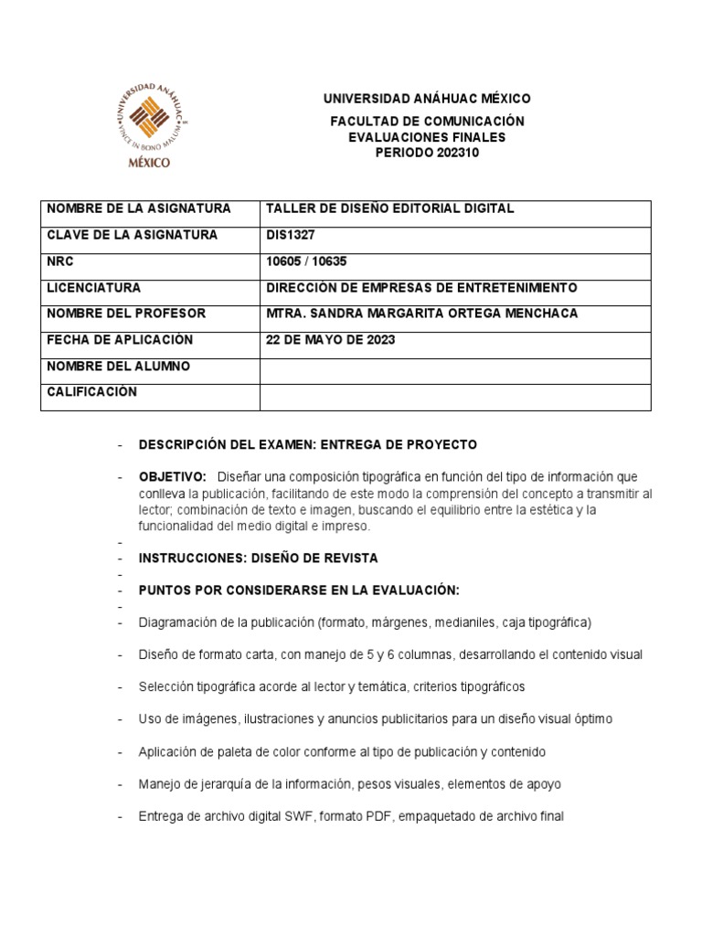 Formato Rúbrica Final TALLER DE DISEÑO EDITORIAL DIGITAL 202310 | PDF