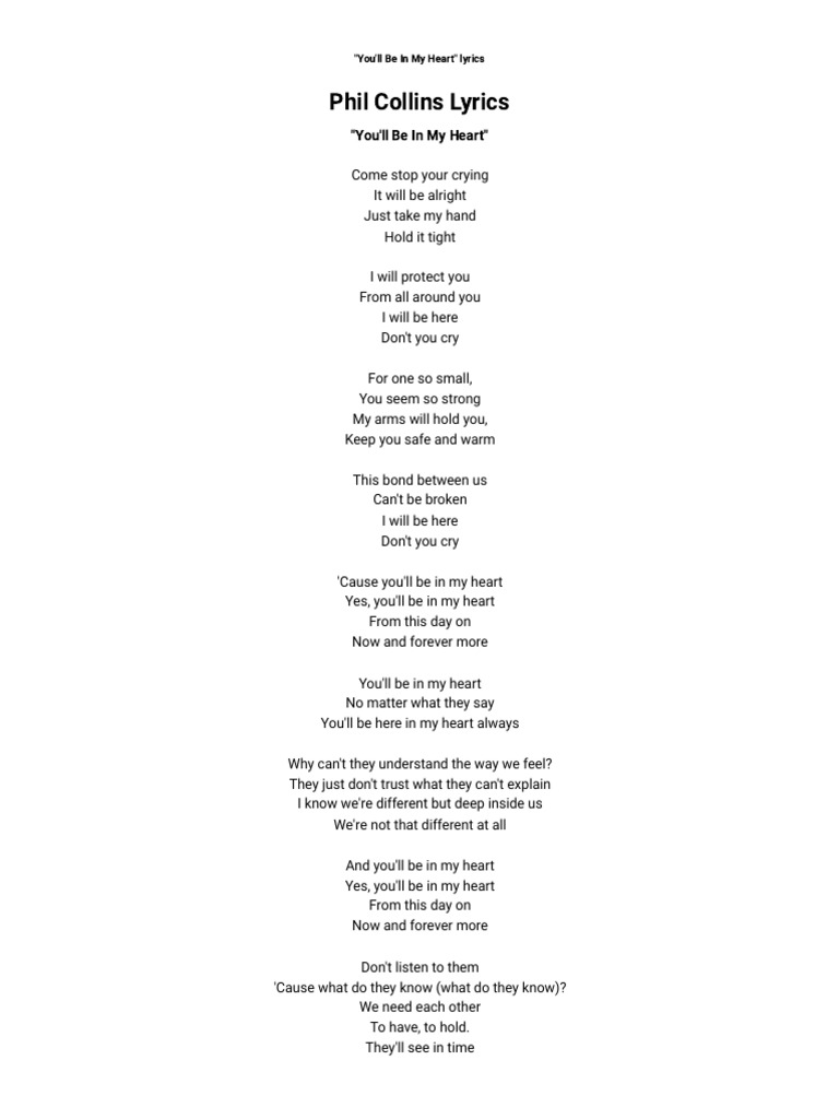 Phil Collins - You'll Be In My Heart Lyrics _ AZLyrics.com | PDF Phil Collins - You'll Be In My Heart Lyrics _ AZLyrics.com | PDF