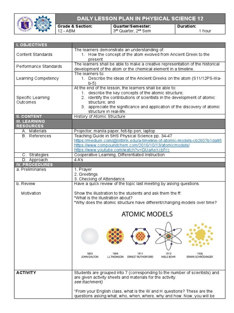 Daily Lesson Plan in Physical Science 12 | PDF | Atomic Nucleus | Electron