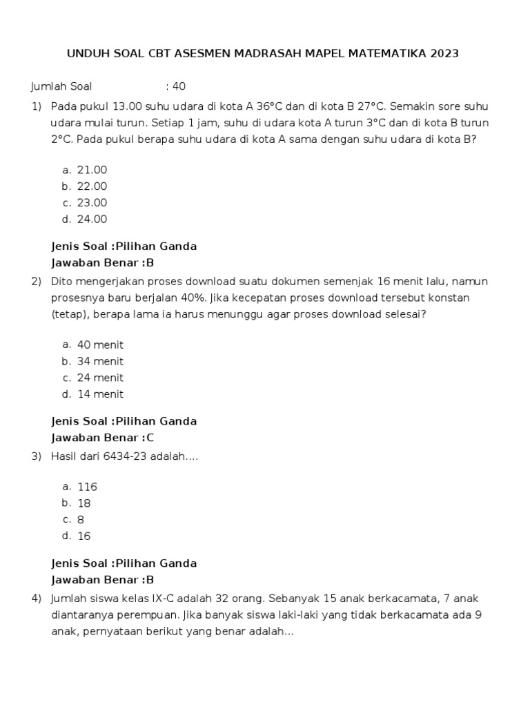 Lembar Soal CBT ASESMEN MADRASAH MAPEL MATEMATIKA 2023 | PDF