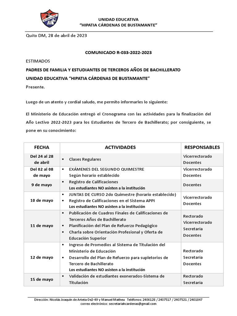 Comunicado R-033 Cronograma Terceros Años Bachillerato 2022-2023 HCB-signed | PDF