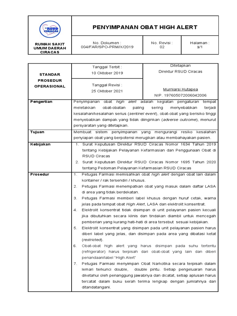 Prosedur Penyimpanan Obat High Alert | PDF