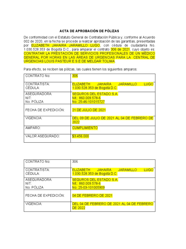 No. 306 Acta de Aprobación de Póliza Modelo | PDF