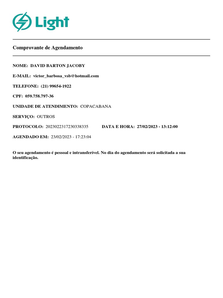 Comprovante de Agendamento Light | PDF