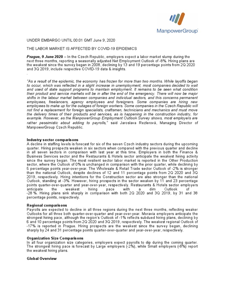 ManpowerGroup Employment Outlook Survey Q3 2020 Press Release | PDF ...