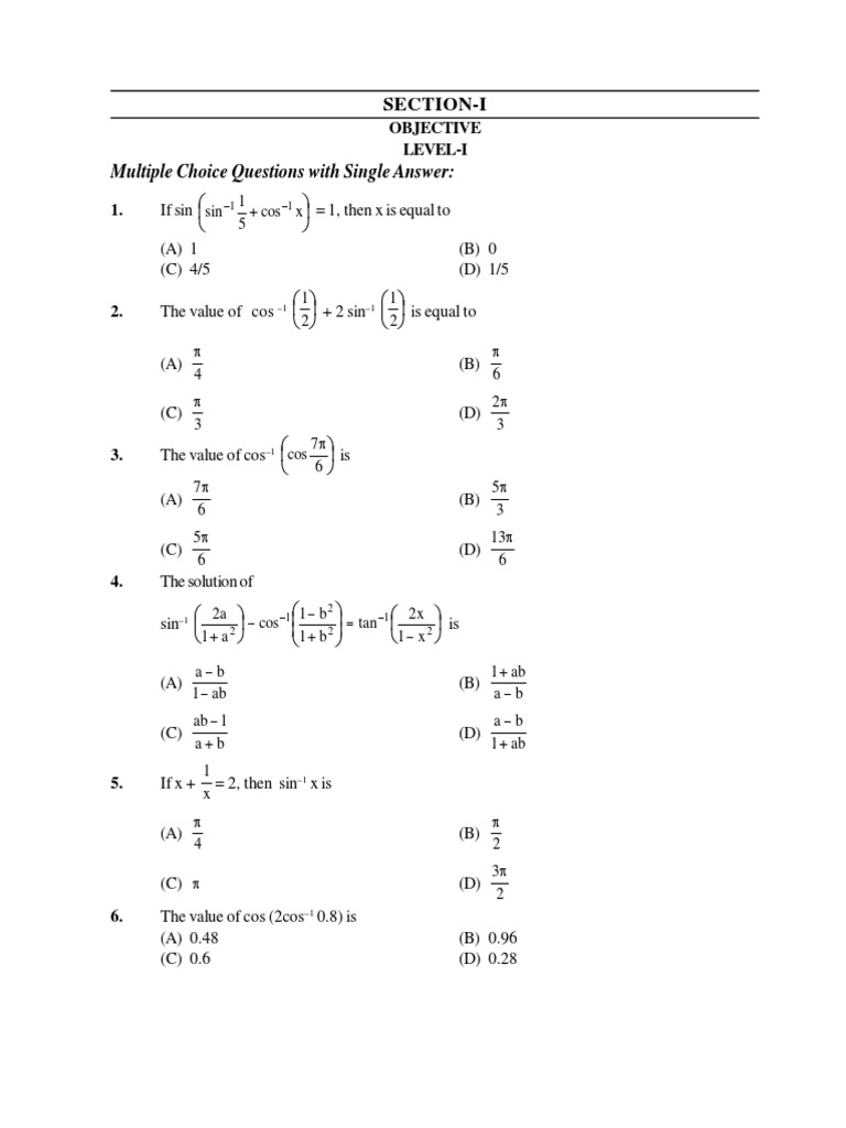 Inverse Trigonometric Function 03 Exercise Download Free Pdf