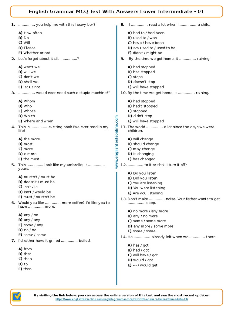 628 - English Grammar MCQ Test With Answers Lower Intermediate 01 | PDF ...