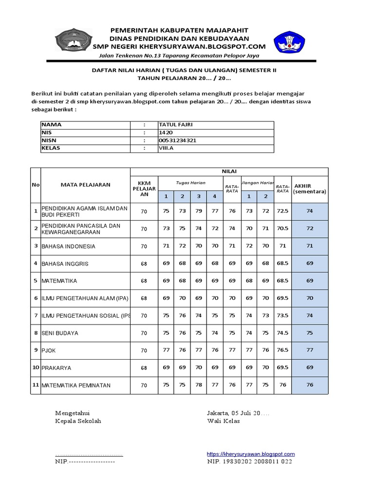 Format Nilai Siswa Pindahan SMP | PDF