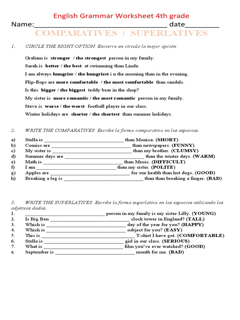 Comparative and Superlative Worksheet 4th Grade | PDF