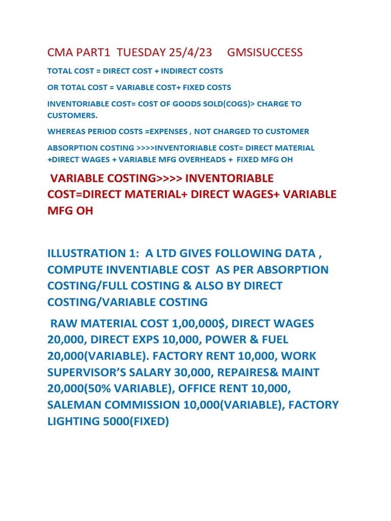 Absorption & Direct Costing Format& Illust GMSISUCCESS | PDF