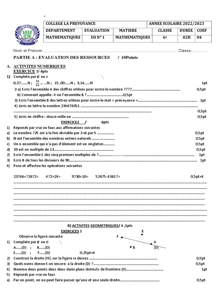 Évaluation de Mathématiques 6e - DS N°1 | PDF | Théorie des anneaux ...