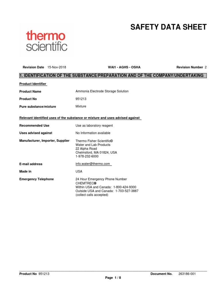 Ammonia Electrode Storage Solution SDS | PDF | Occupational Safety And ...