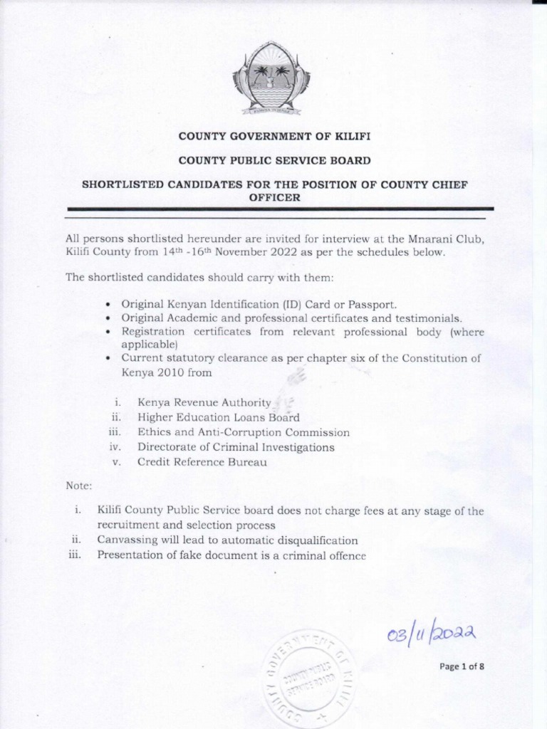 Shortlisted Candidates For Position of County Chief Officer | PDF