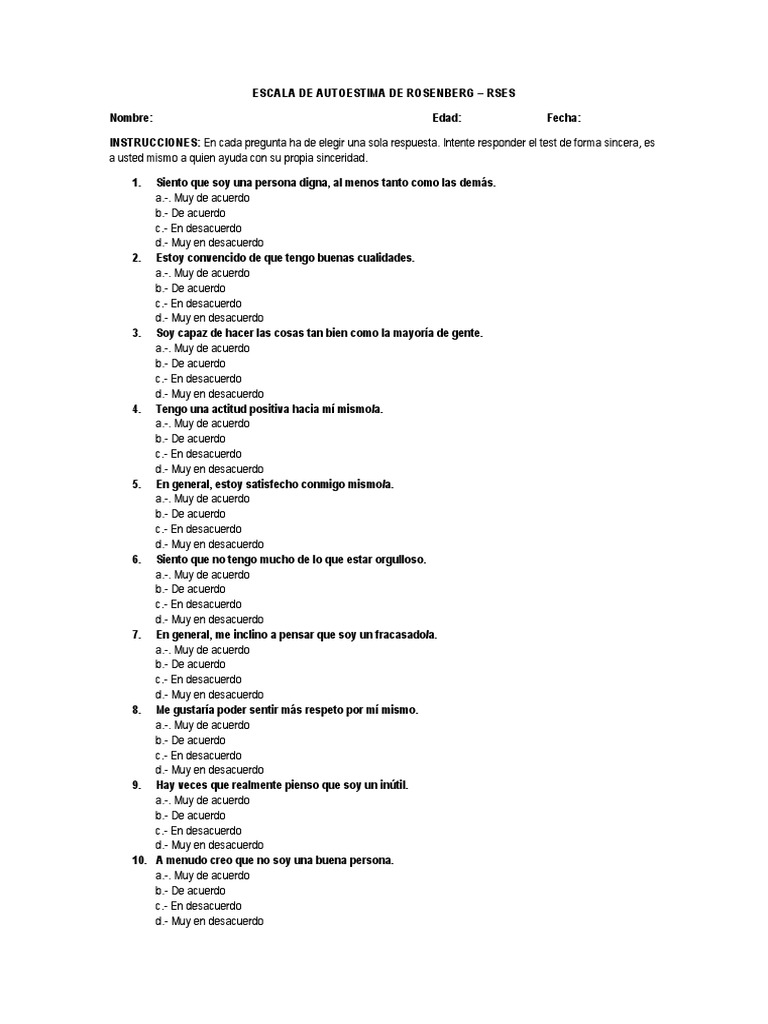 Test de Autoestima de Rosenberg RSES | PDF | Autoestima | Sicología