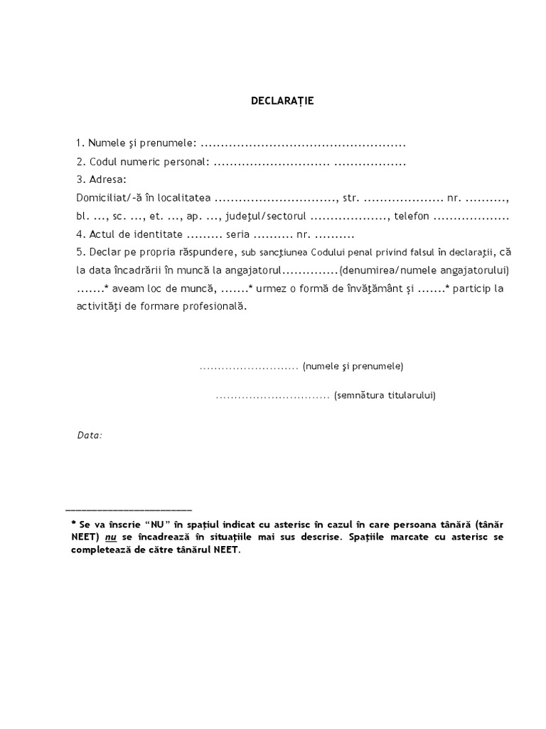 Model Declaratie Tanar Neet Articol 85 | PDF